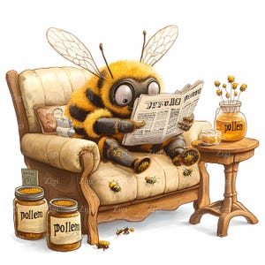 24 JPEG Cute Bee Reading Newspaper Clipart - Honeycomb Scene - Adorable ...