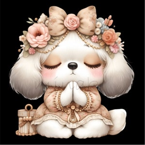 Puppy Clipart Praying 15 PNG Illustration of Cute Dog With Floral ...