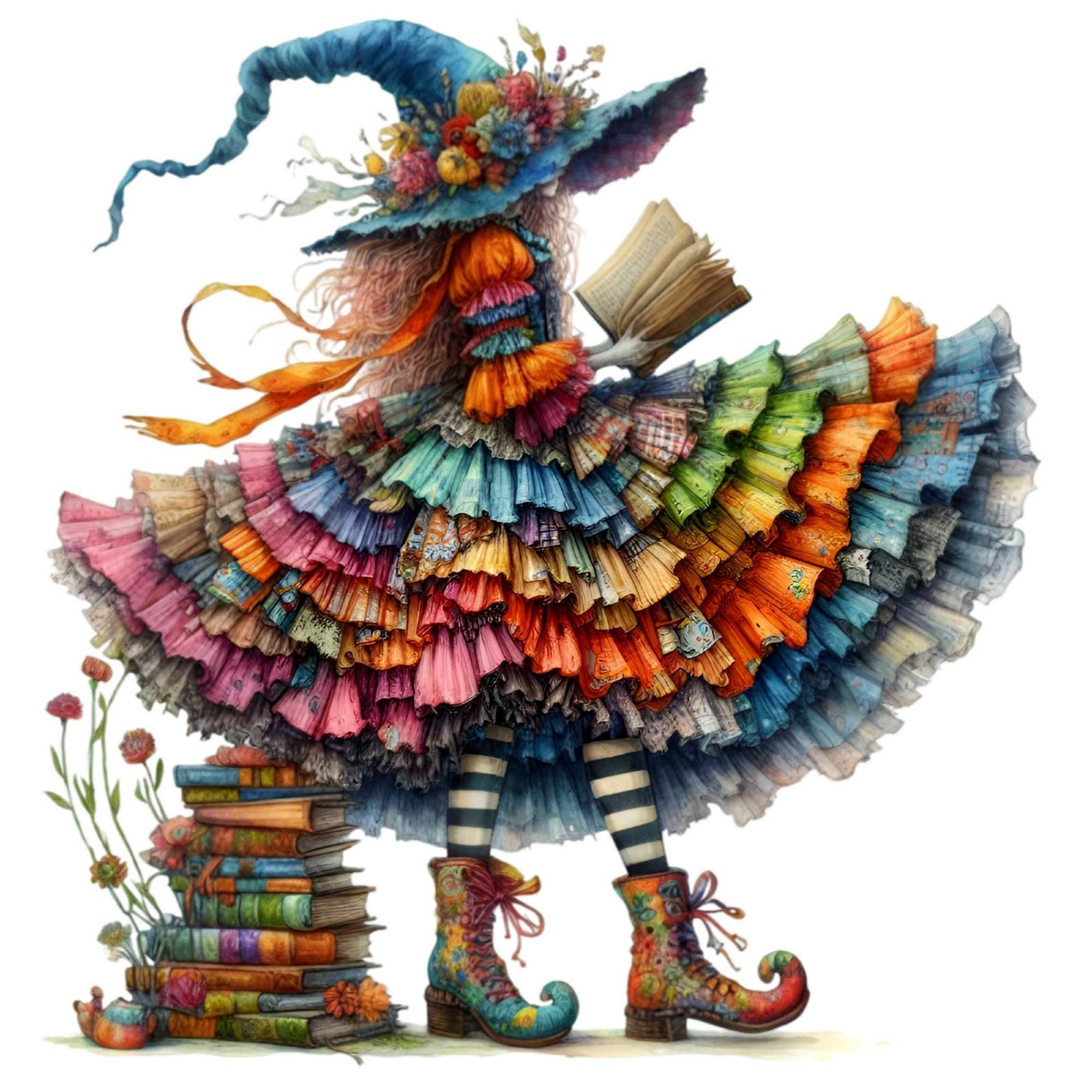 15 Colorful Witch Clipart PNG - Book-loving Witch in Magical Dress ...