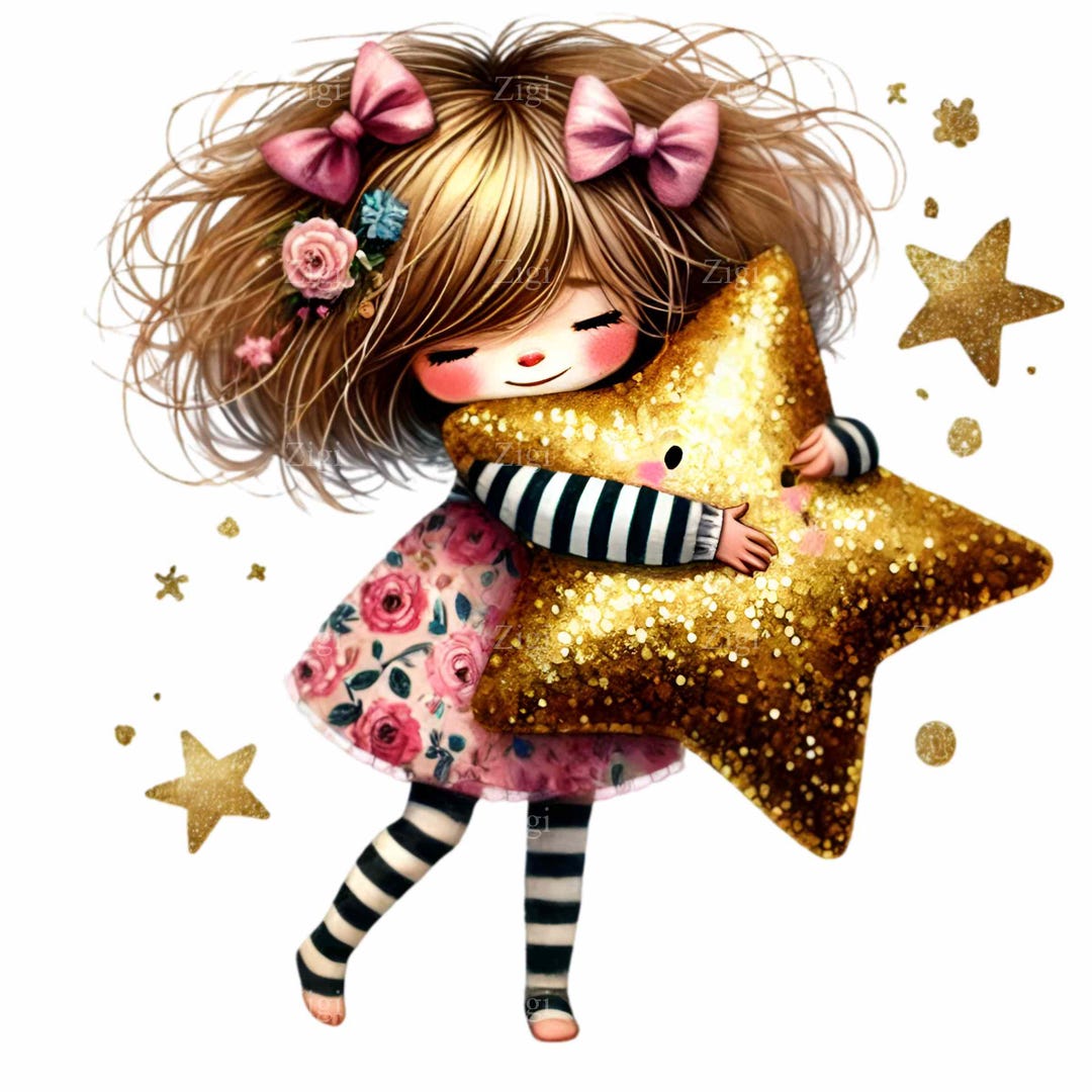 Girl With Star Clipart PNG 15 Glitter Star Illustration Cute Digital ...
