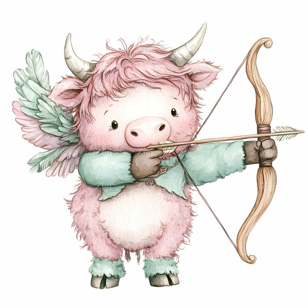24 JPEG Cute Cupid Highland Cow Clipart JPEG Adorable Pink Cow With ...