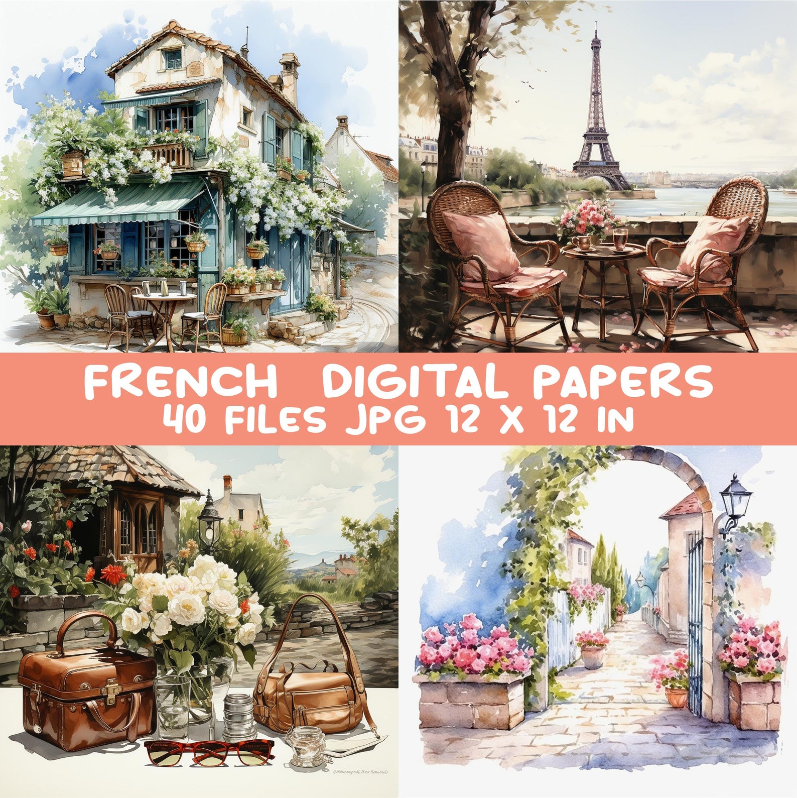 Paris Digital Papers 40 JPG Watercolor, Eiffel Tower Clipart, Parisian ...