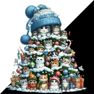 Christmas Kitten Tree Clipart 10 Cute Festive Cat Illustration in Santa ...