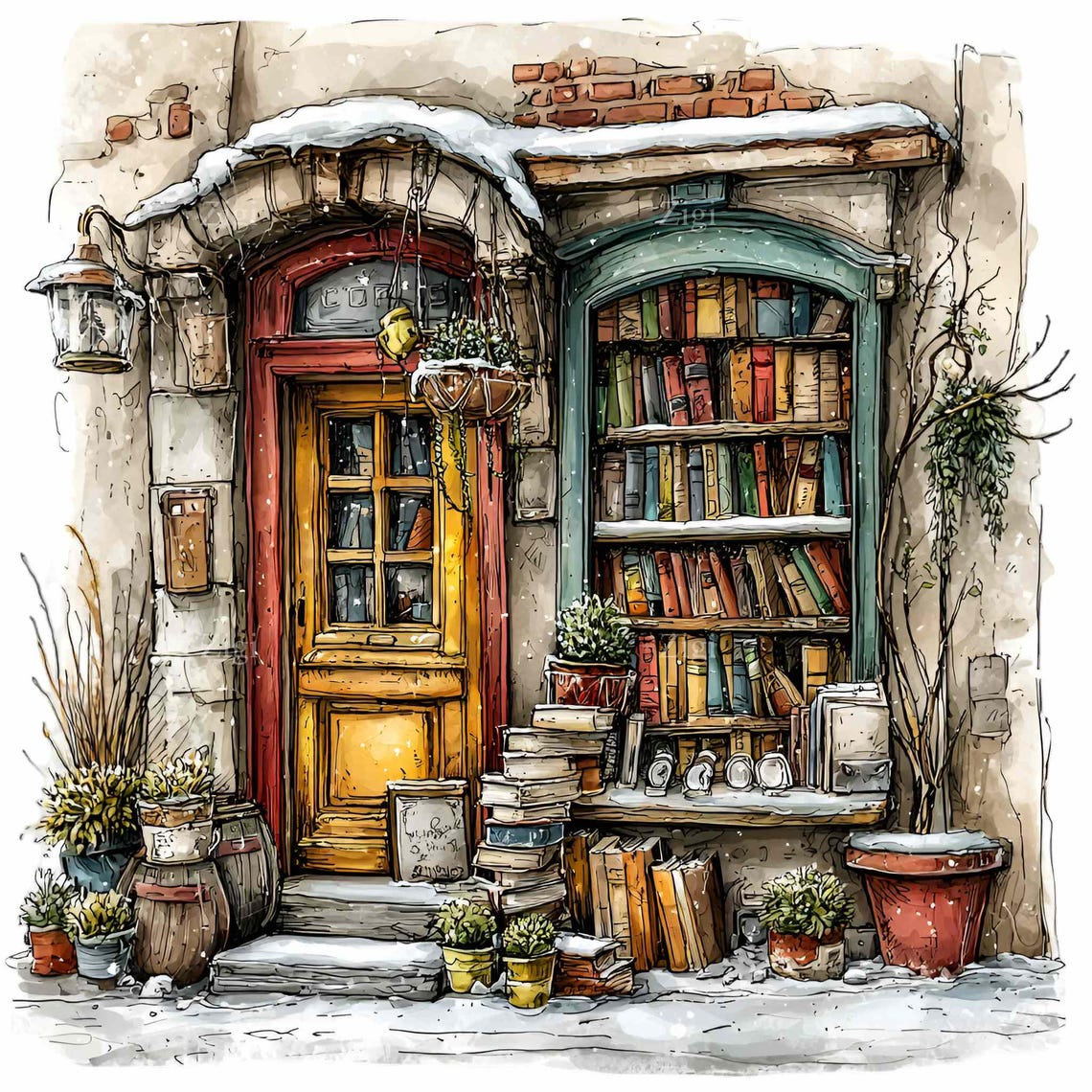 10 PNG Winter Bookstore Clipart – Snowy Library PNG – Vintage Cottage ...