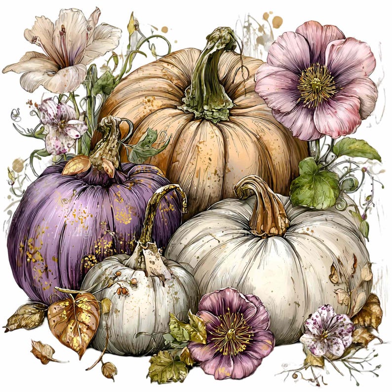 10 PNG Floral Pumpkin Fall Watercolor Clipart, Autumn Peonies Purple ...