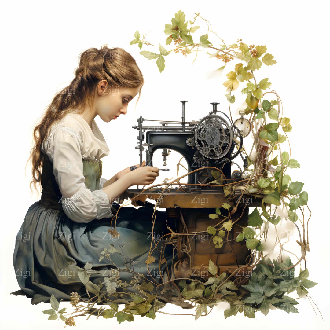 27 JPEG Vintage Sewing Scene With Woman and Antique Machine, Surrounded ...