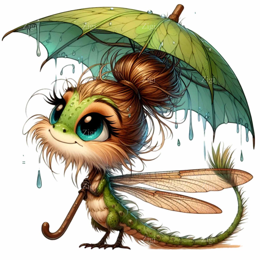 14 Cute Dragonfly Girl PNG Clipart, Big Eyes, Leaf Umbrella, Rain Drops ...