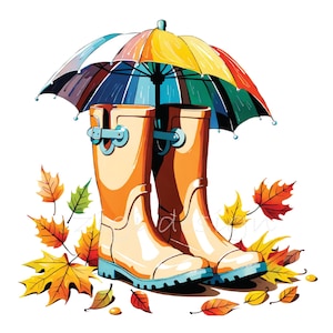 Autumn Rain Boots Clipart, 15 Fall Leaves Umbrella PNG, Watercolor ...