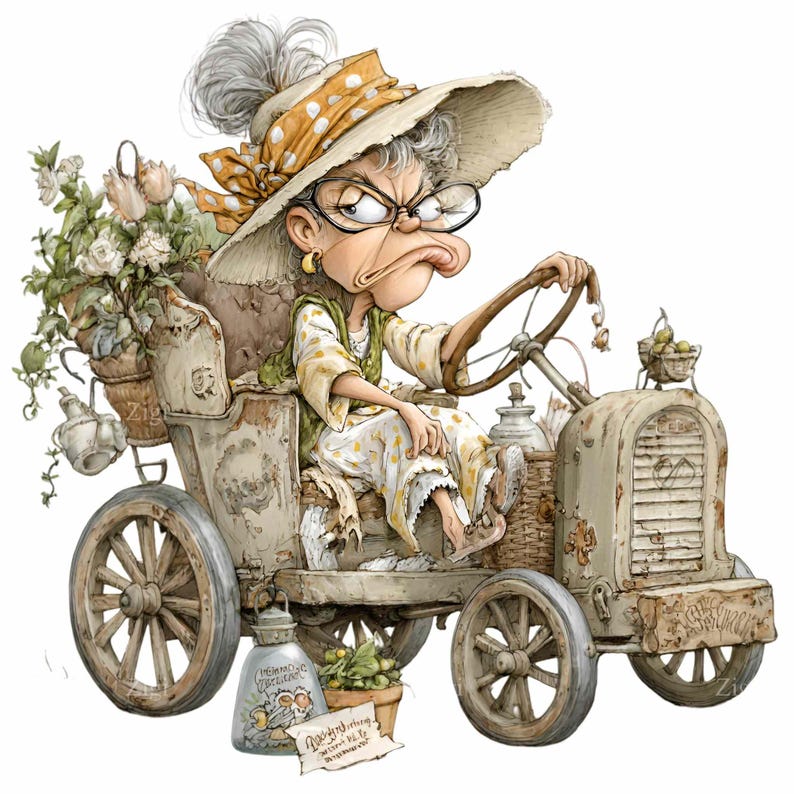 15 PNG Grumpy Grandma Driving Flower Tractor, Funny Granny Gardening ...