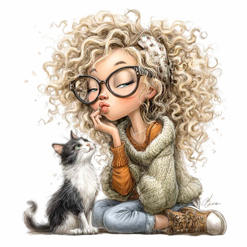 17 PNG Girl With Cat Clipart - Cute PNG Illustration - Digital Download ...