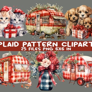 Watercolor Christmas Plaid Pattern Clipart Bundle, 25 PNG Winter ...
