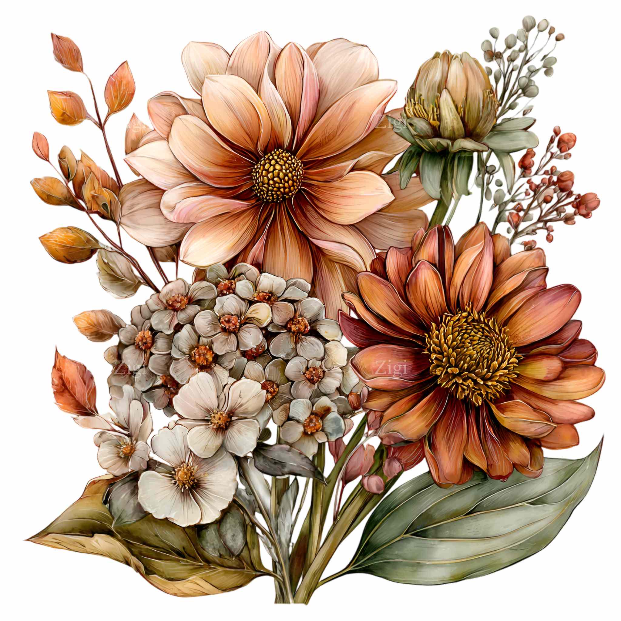 11 PNG Rustic Autumn Bouquet Clipart – Fall Floral Illustration for ...