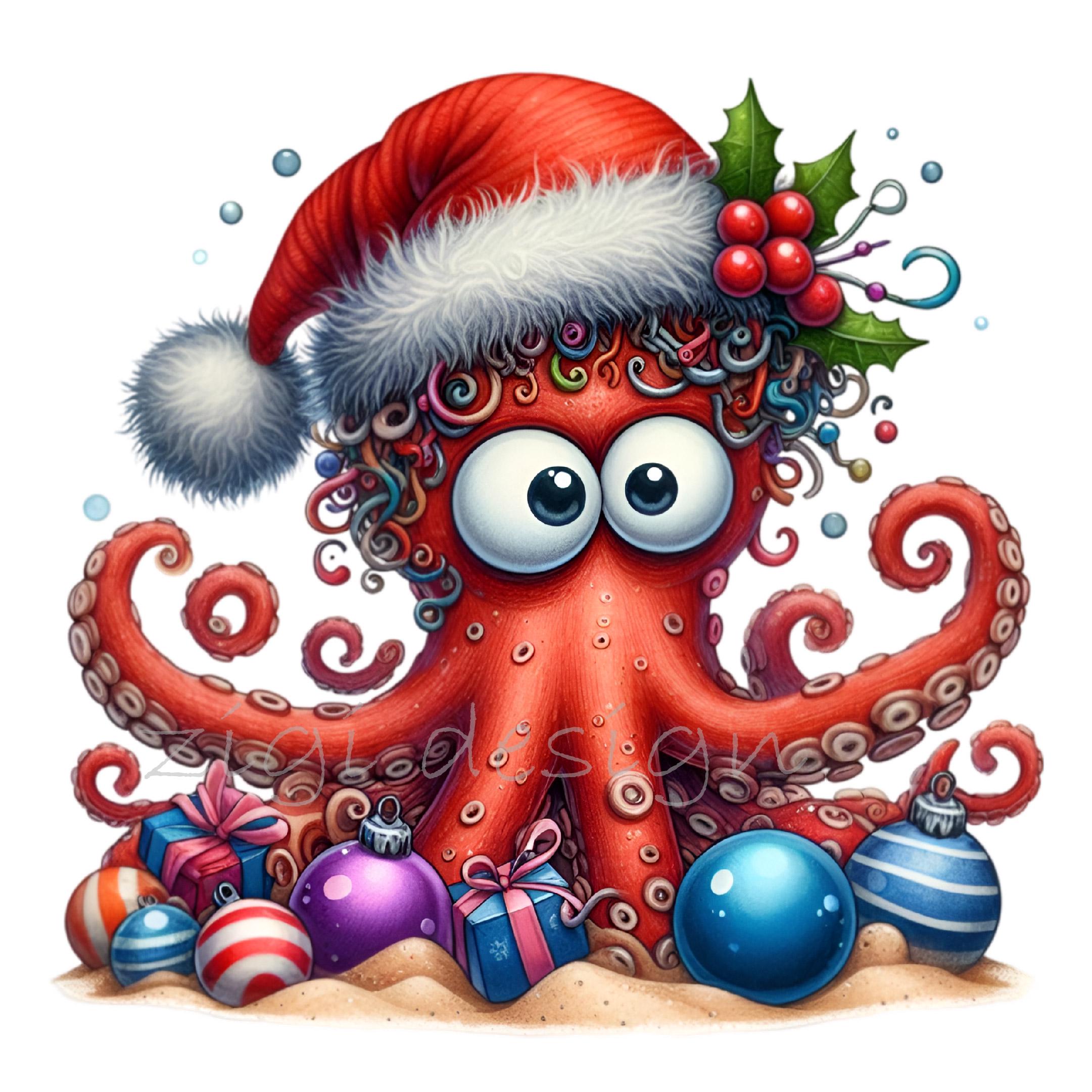 12 PNG Santa Octopus PNG – Funny Christmas Octopus Clipart – Beach ...