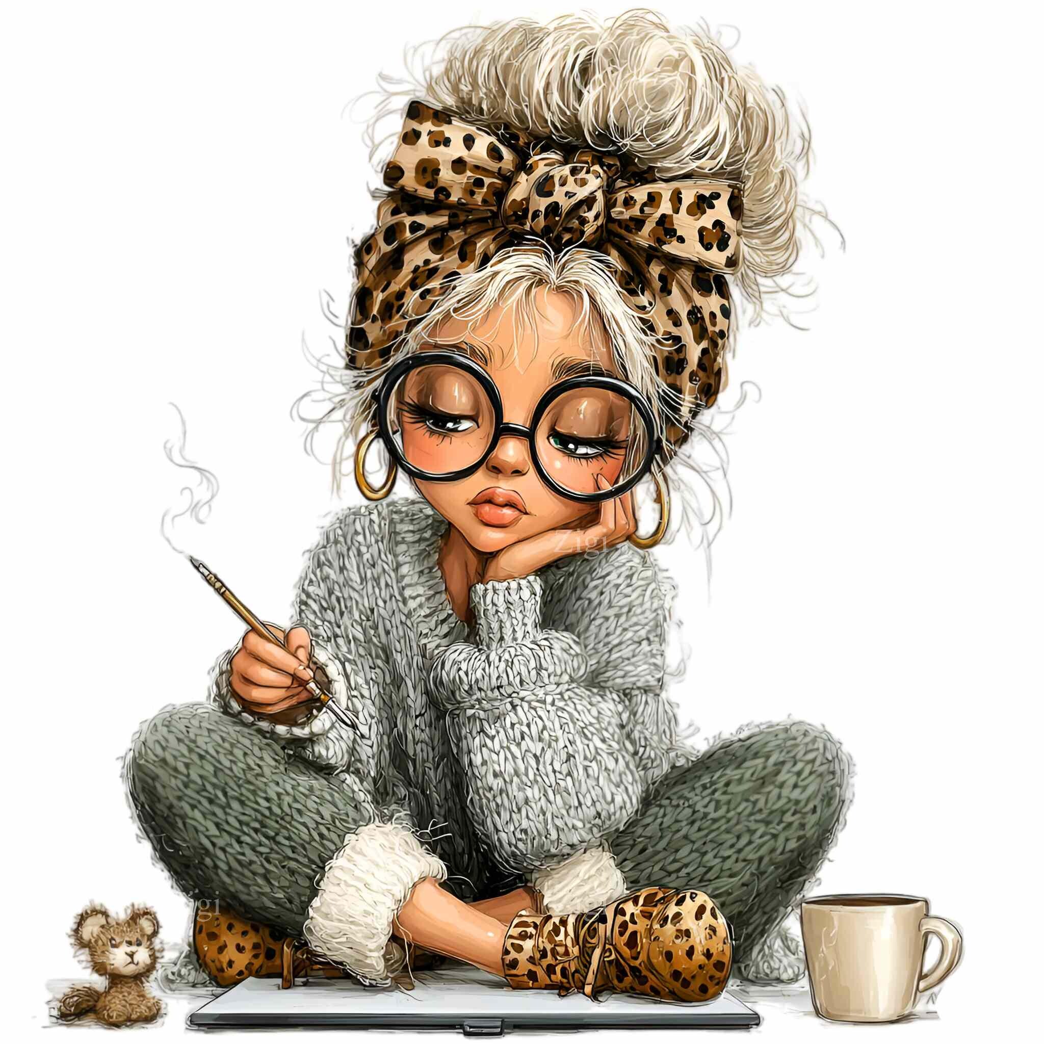 16 PNG Messy Bun Girl Clipart, Coffee Lover, Leopard Print Bow, Fashion ...