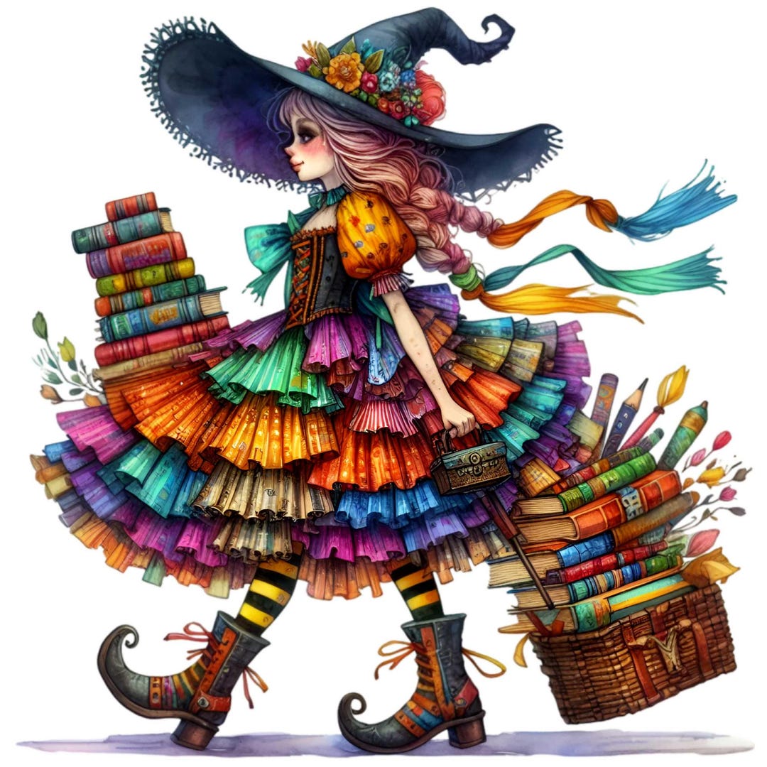 15 Colorful Witch Clipart PNG - Book-loving Witch in Magical Dress ...