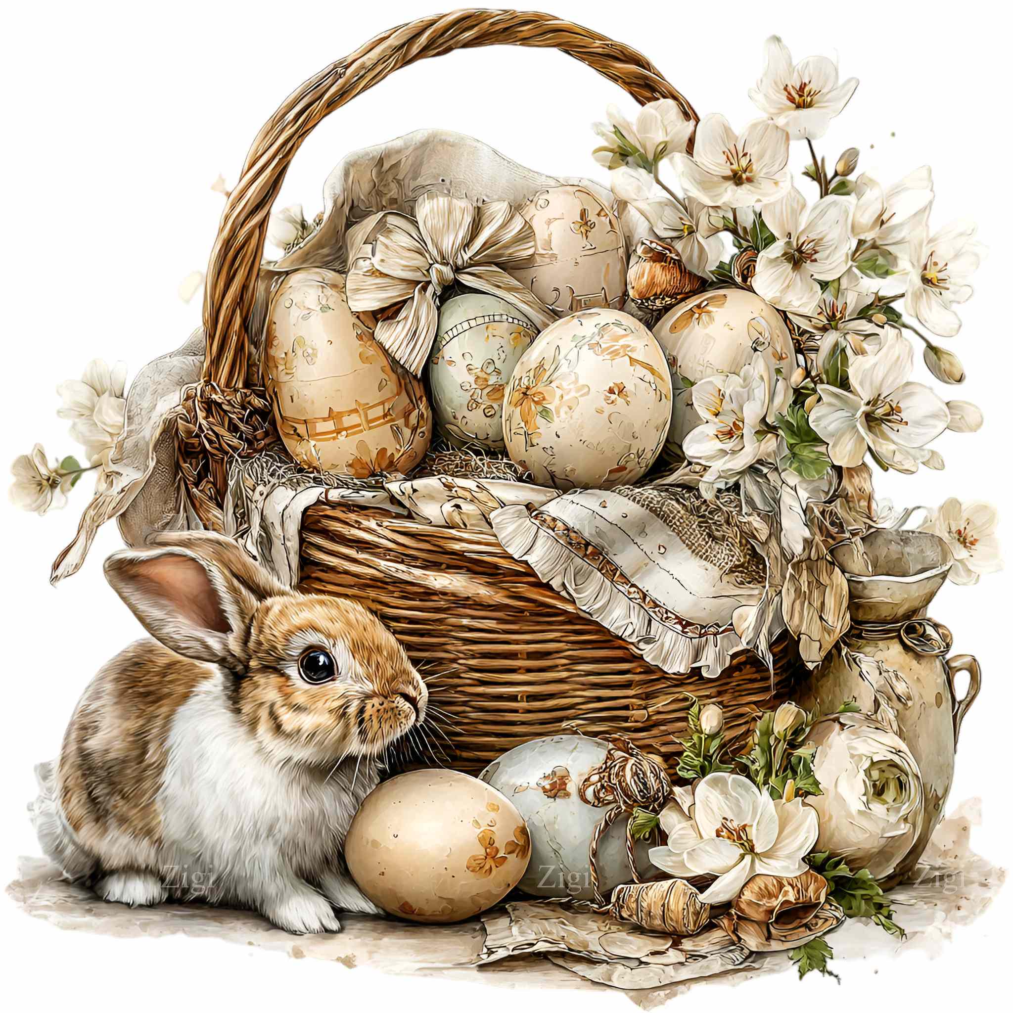 15 PNG Easter Rabbit Clipart, Floral Egg Basket Illustration Spring ...