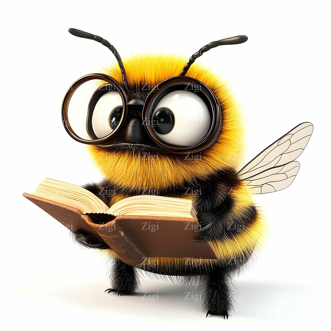 20 JPEG Cute Smart Bee Clipart - Fuzzy Bumblebee With Glasses Reading a ...
