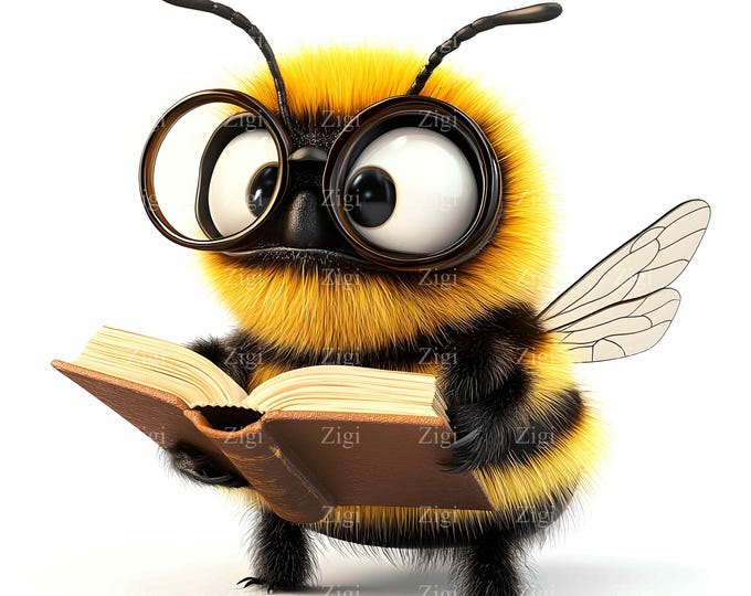 12 Bee Reading PNG Clipart | Cute Bee With Glasses and Book | Whimsical ...