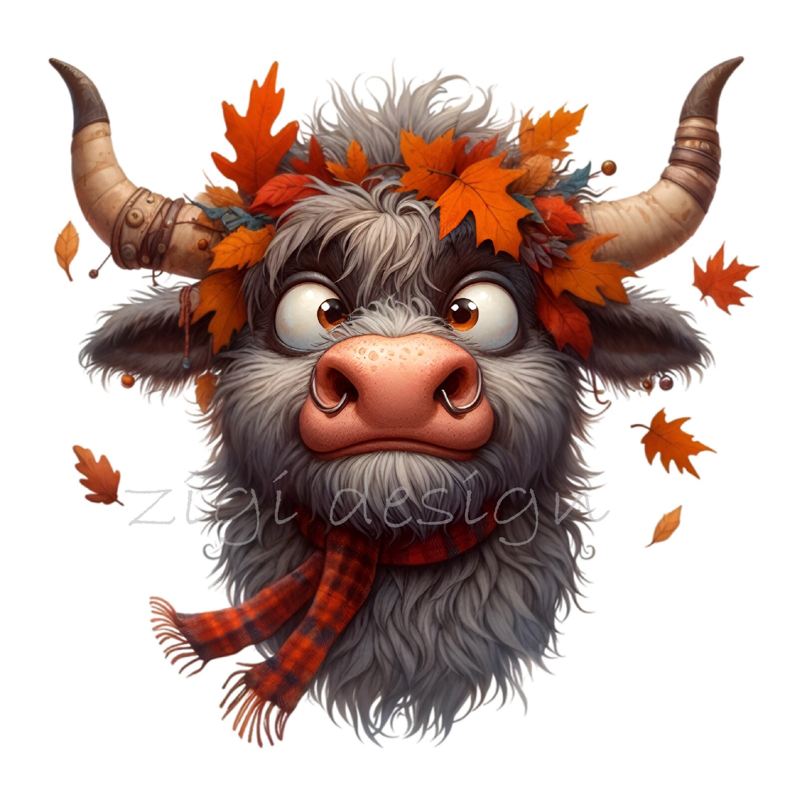 Funny Cow Fall Leaves Clipart, 15 PNG Farm Autumn Cartoon Illustration ...