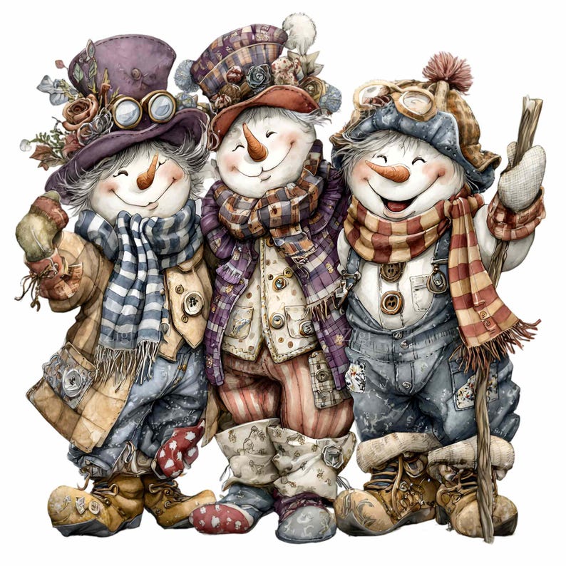 15 PNG Patchwork Snowmen Trio Clipart – Festive Winter Friends ...