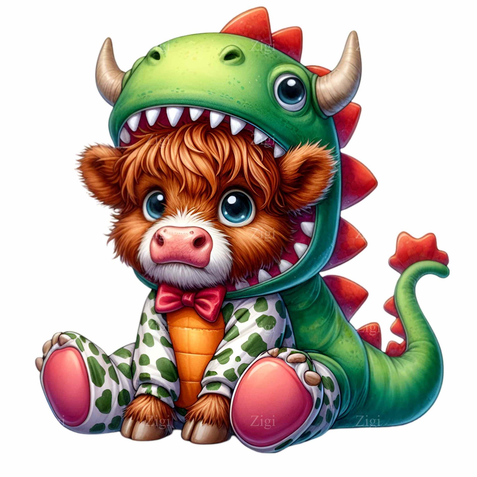 12 Highland Cow in Dino Costume PNG - Cute Fluffy Cow Digital Clipart ...