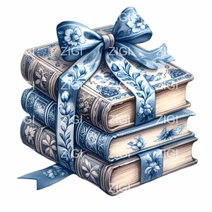 Elegant Blue Floral Books Clipart, 15 Vintage Book Stack Art, Digital ...