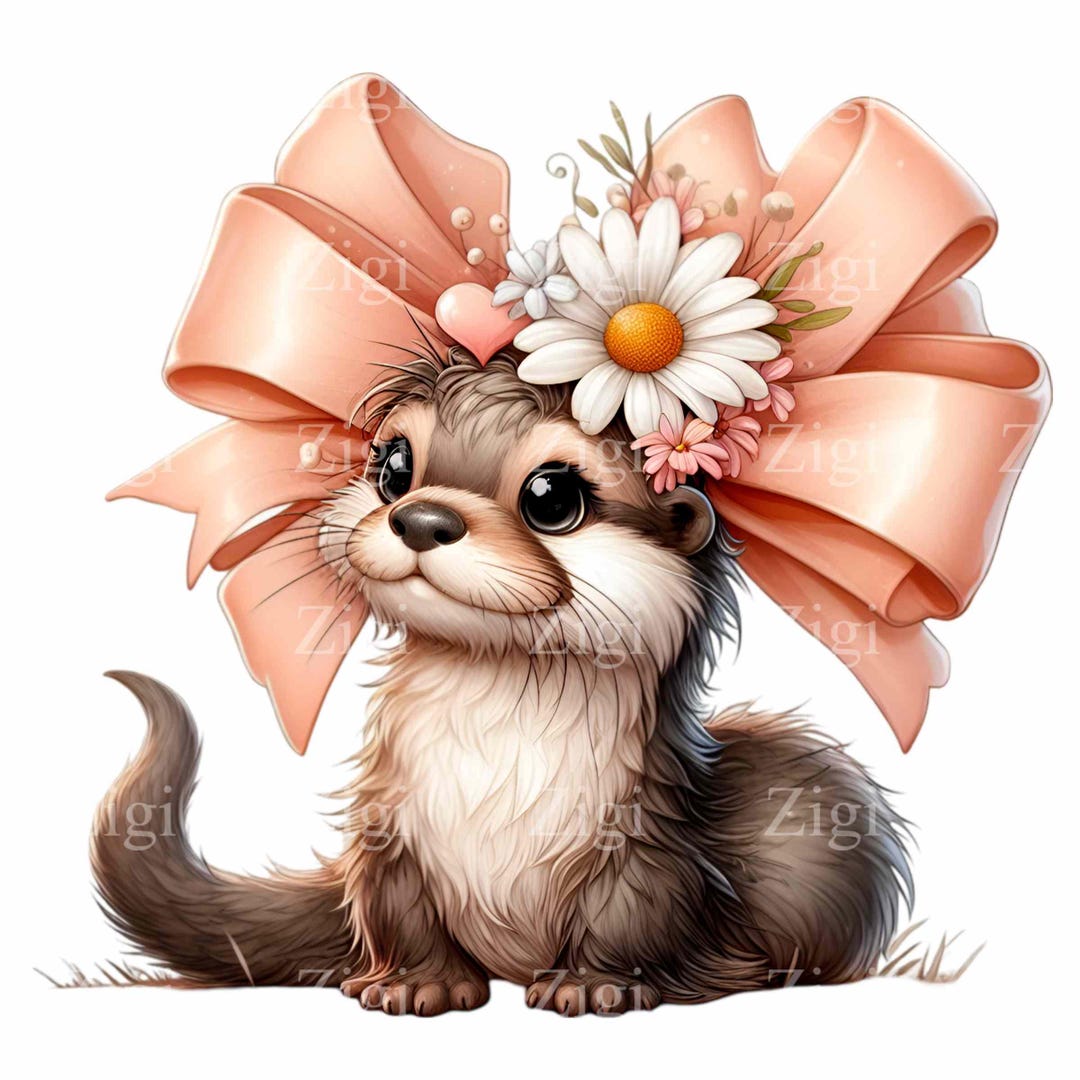 15 Otter PNG Clipart, Otter With Bow and Flowers, Cute Animal Digital ...