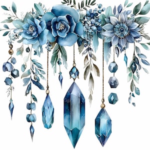 36 JPEG Blue Crystal Garland Clipart JPG, Hanging Gemstones With Floral ...