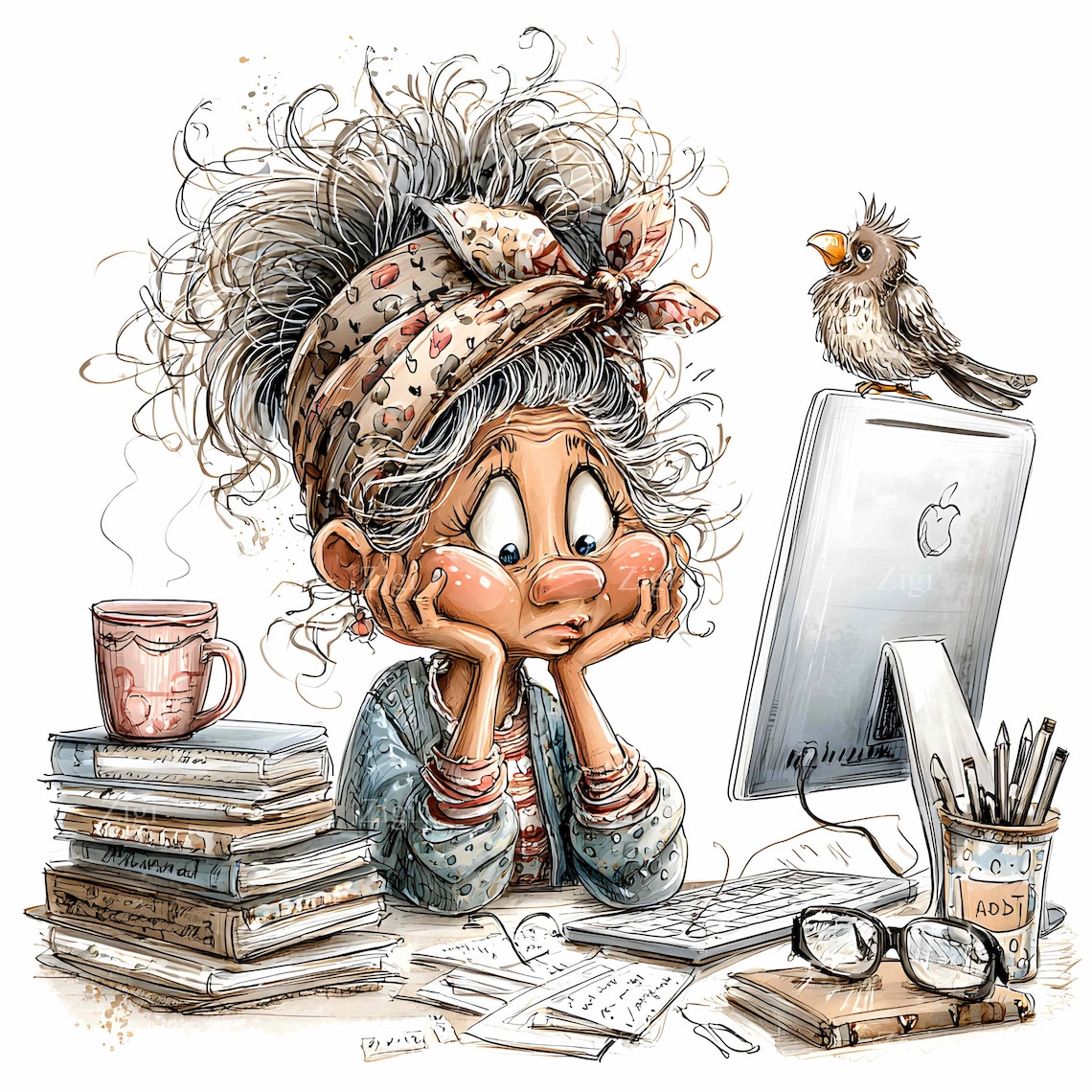 21 JPEG Funny Grandma – Computer Desk JPG Clipart – Whimsical Office ...