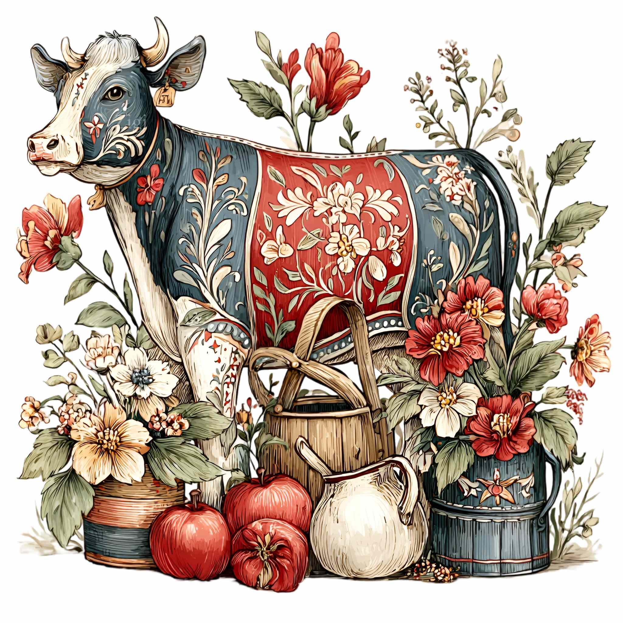 15 PNG Folk Art Cow Floral Farmhouse Clipart, Scandinavian Garden ...