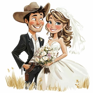 28 JPEG Western Wedding Couple Clipart, Cowboy Bride Cartoon JPEG ...