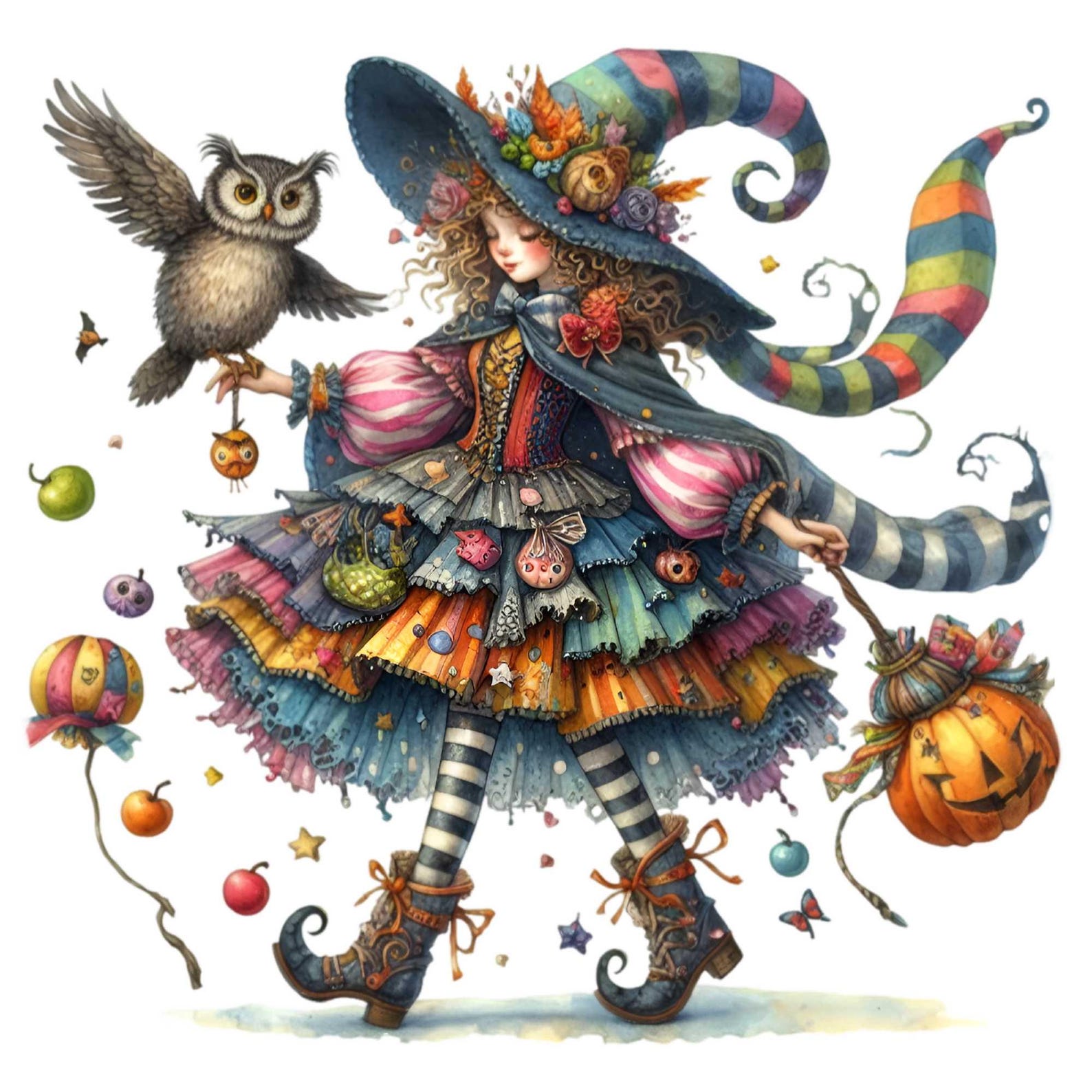 12 PNG Rainbow Witch Clipart – Colorful Fantasy Girl With Owl Digital ...