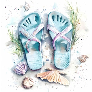 24 JPG Beach Flip Flops Illustration Watercolor, Seashell Summer ...