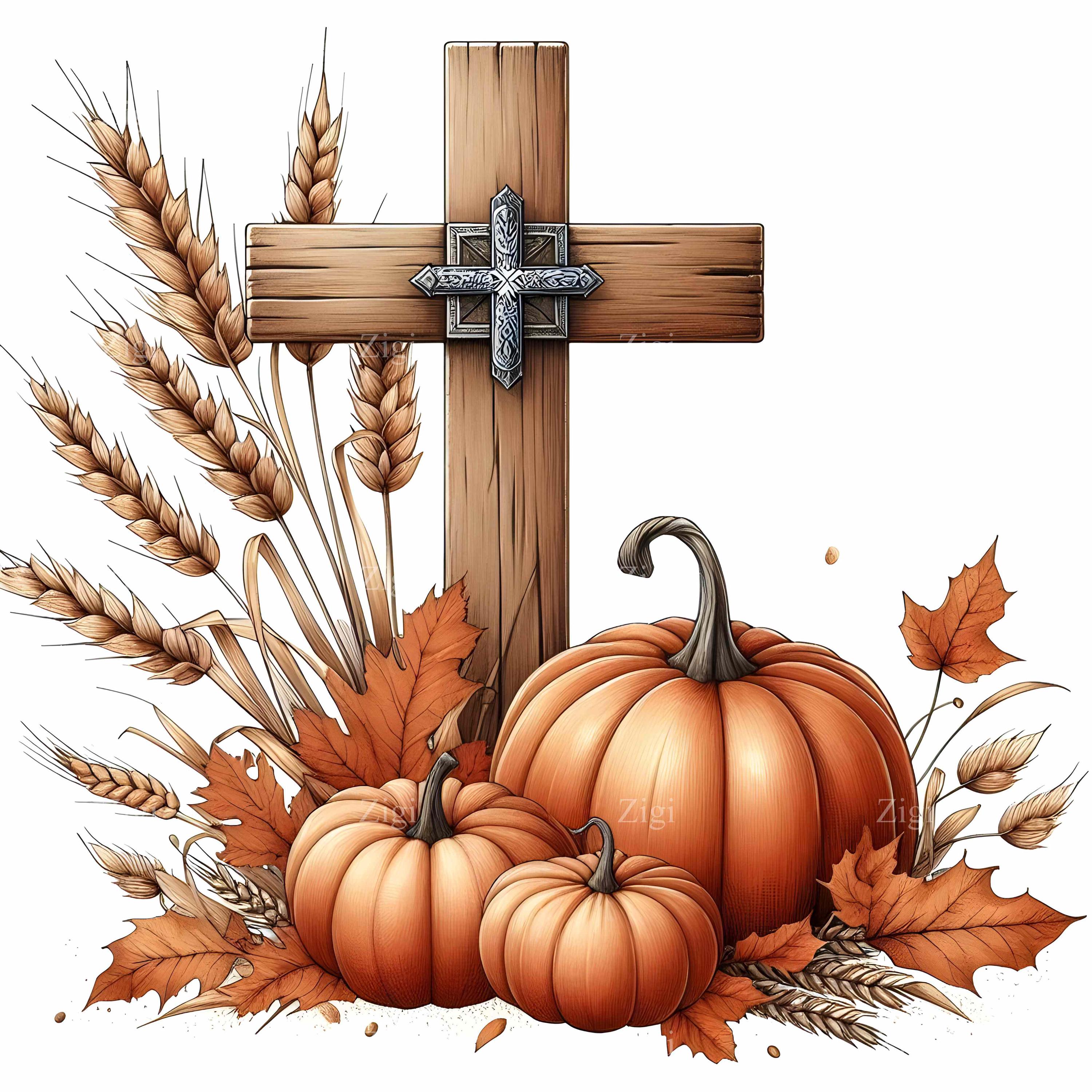 20 JPG Rustic Autumn Cross, Fall Pumpkin Harvest Clipart, Christian ...