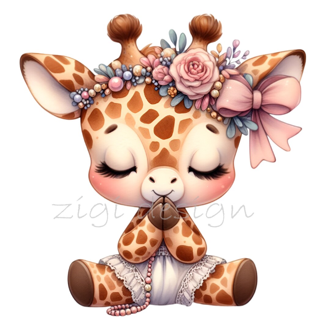 12 Giraffe PNG Clipart With Floral Crown and Bow - Whimsical Baby ...