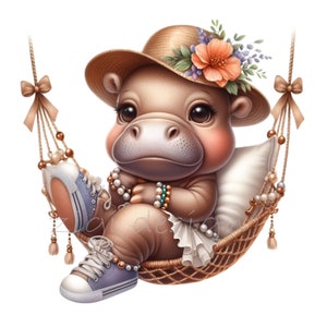 Adorable Baby Hippo Clipart 15 PNG, Cute Hippo in Hammock Illustration ...