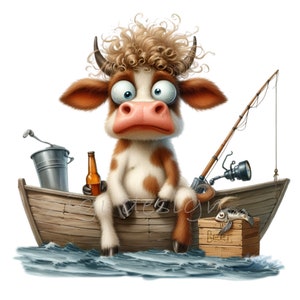 Fishing Cow Digital Clipart 15 PNG - Funny Cow Illustration With ...