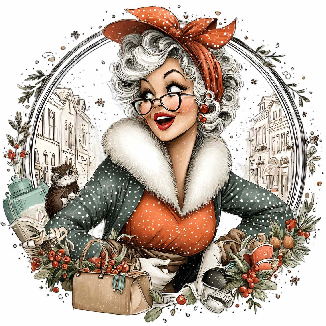 10 PNG Retro Christmas Lady Clipart – Holiday Woman PNG – Vintage ...