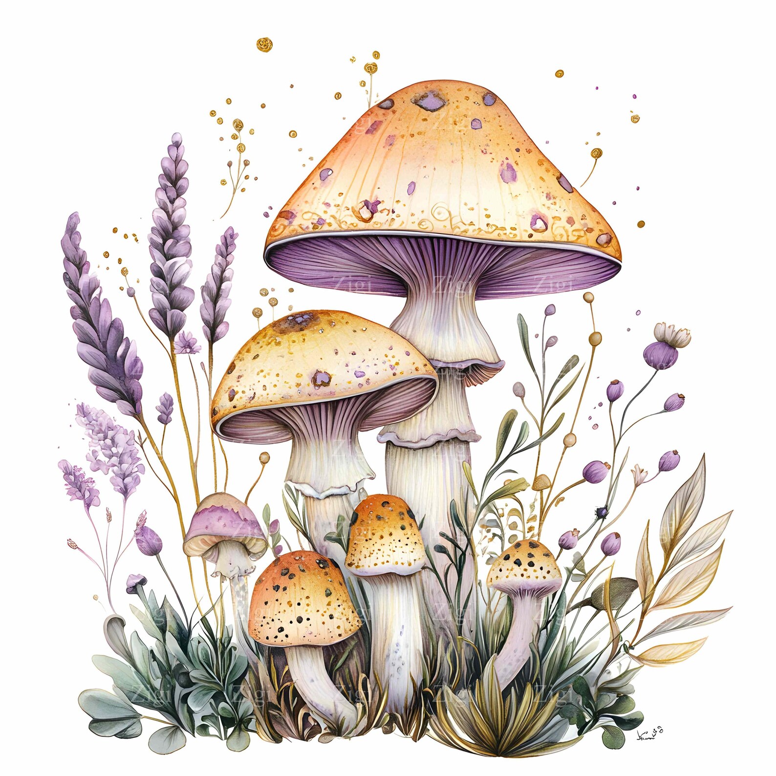 12 JPEG Mushroom Clipart - Purple Mushrooms With Flowers Illustration ...