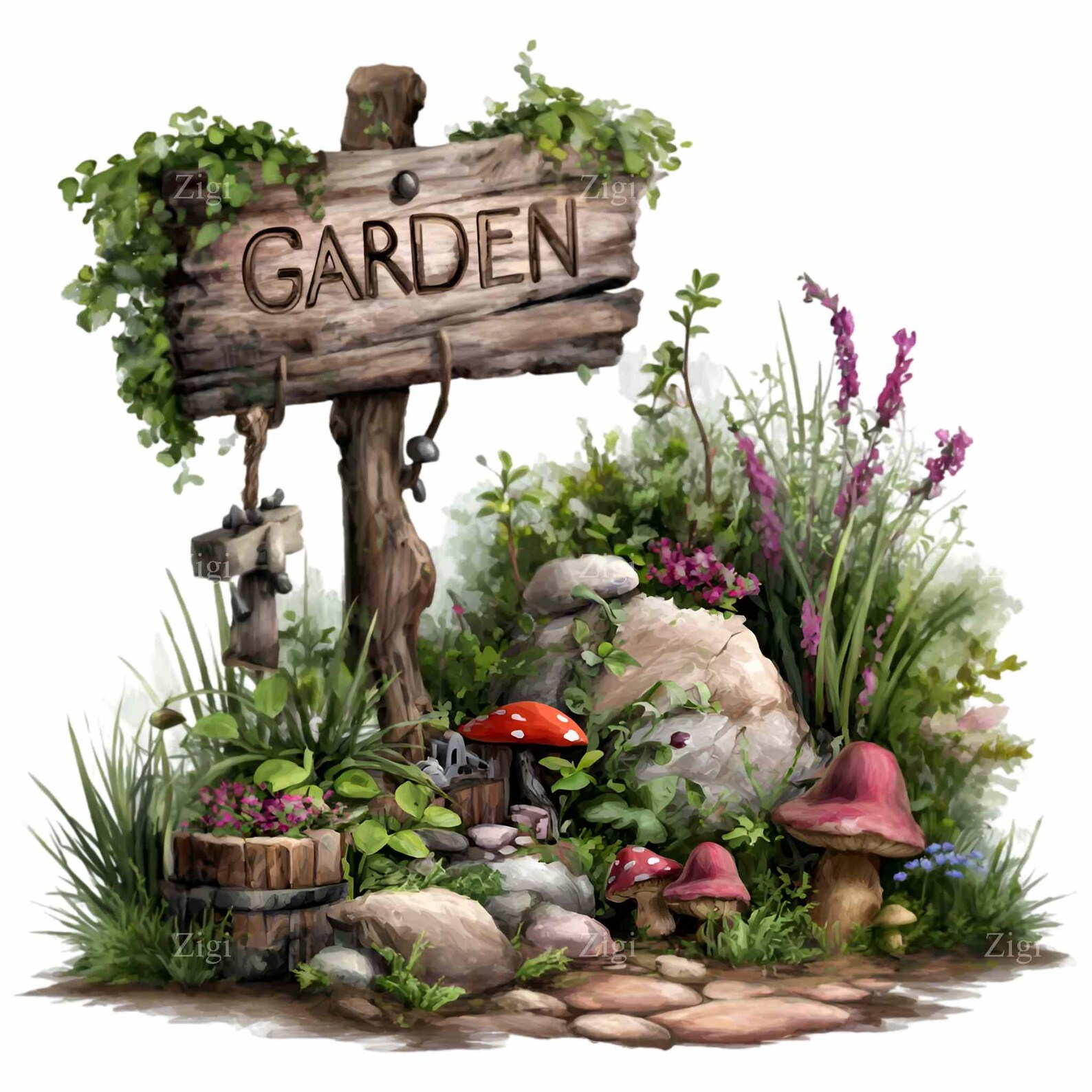 16 PNG Watercolor Mushroom House Clipart, Garden Sign Fairy Cottage ...