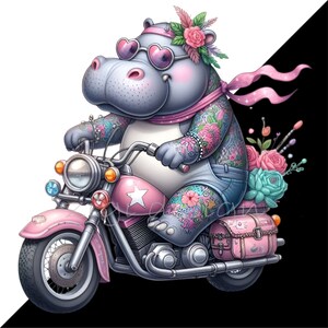 10 Biker Hippo PNG, Tattooed Hippopotamus on Motorcycle Clipart, Cute ...