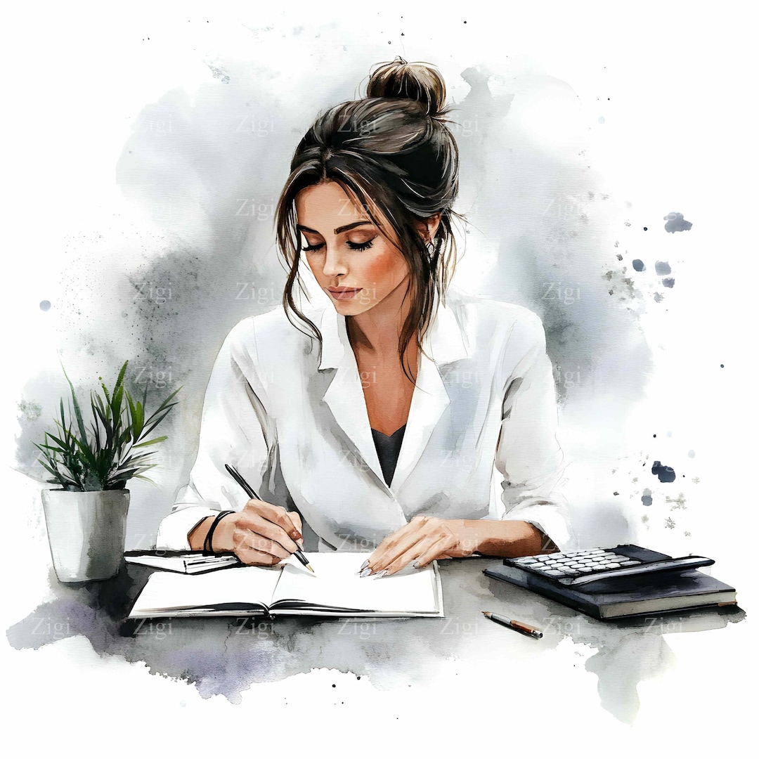 25 JPEG Elegant Woman Writing Clipart, Thoughtful Girl Illustration ...