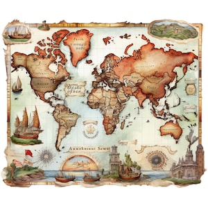 World Map Clipart 15 PNG, Watercolor Vintage Old Map Illustration, Clip ...