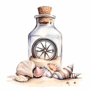16 Compass PNG in Glass Bottle Clipart PNG, Nautical Seashell Beach ...