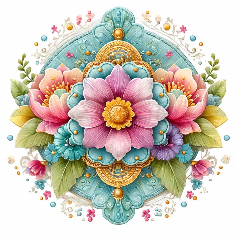 16 PNG Floral Mandala Clipart, Watercolor Flower Ornament Symmetry ...