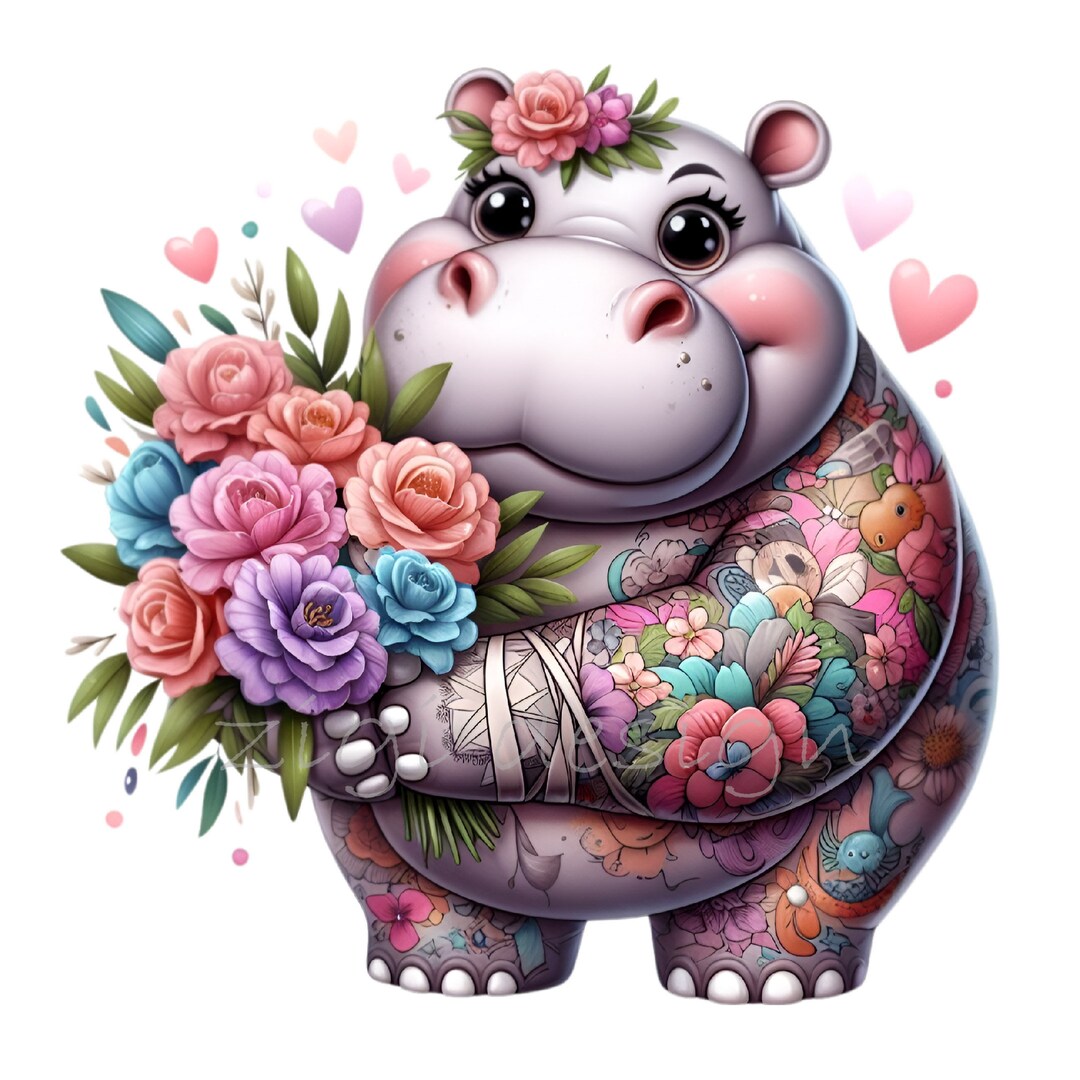 Floral Hippo Clipart PNG 12 Cute Hippo Holding Flower Bouquet, Digital ...