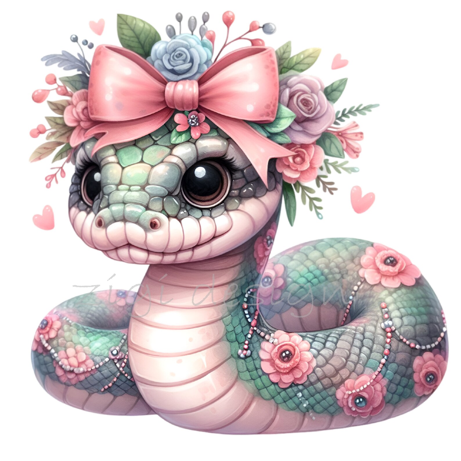 12 PNG Snake Clipart, Floral Serpent With Bow Flowers, Elegant Fantasy ...