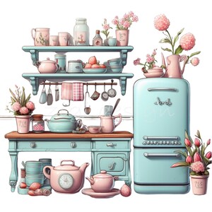 24 Retro Pastel Kitchen PNG Clipart, Vintage Blue Fridge & Stove With ...
