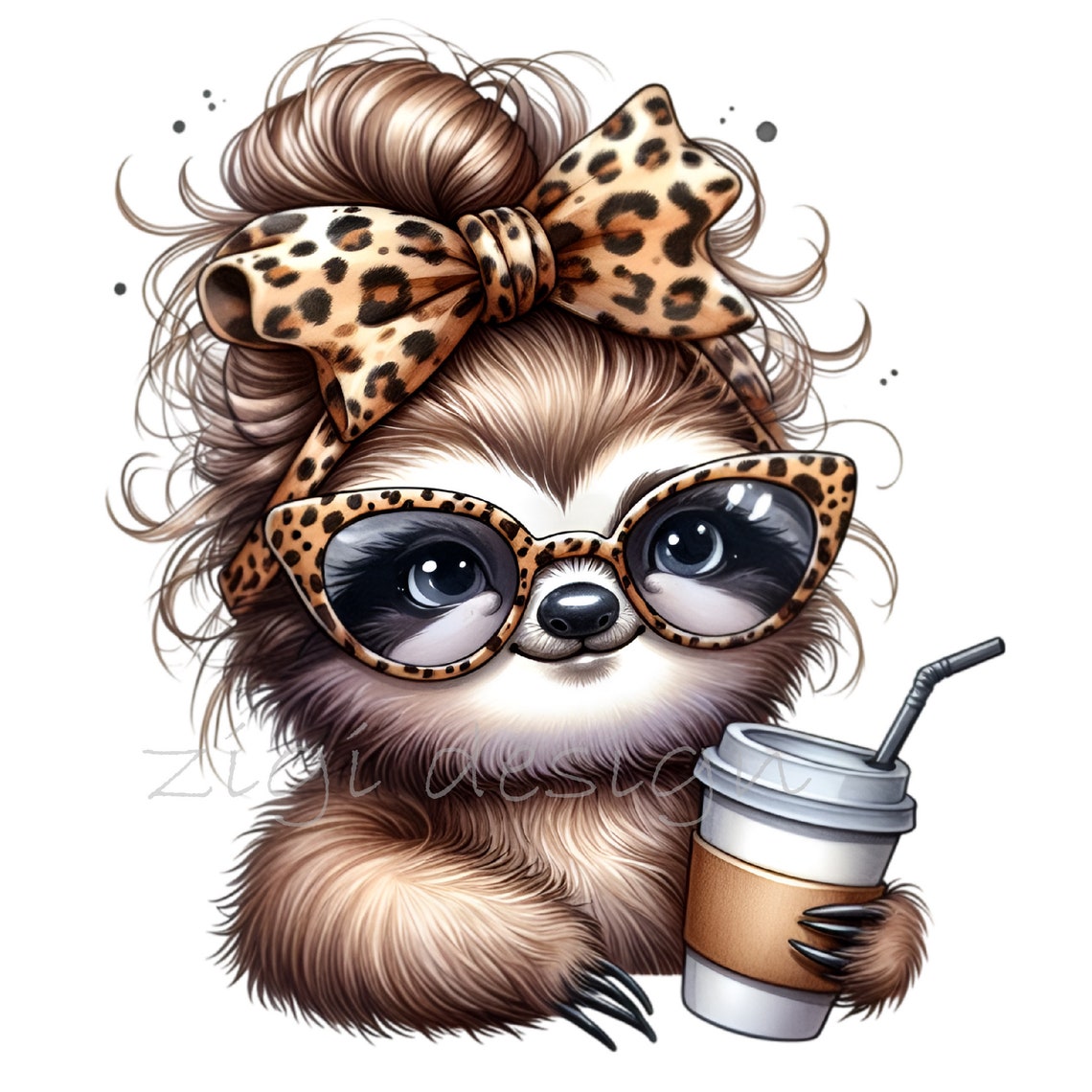 Sloth Clipart, Leopard Bow Clip Art, 12 PNG Coffee Animal Print Cheetah ...