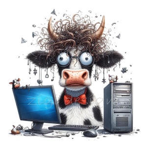 Cow Works on the Computer Office 10 PNG Comics Animal Funny ...